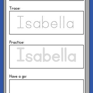 Pre-school Custom Name Tracing Worksheet Isabella - Etsy