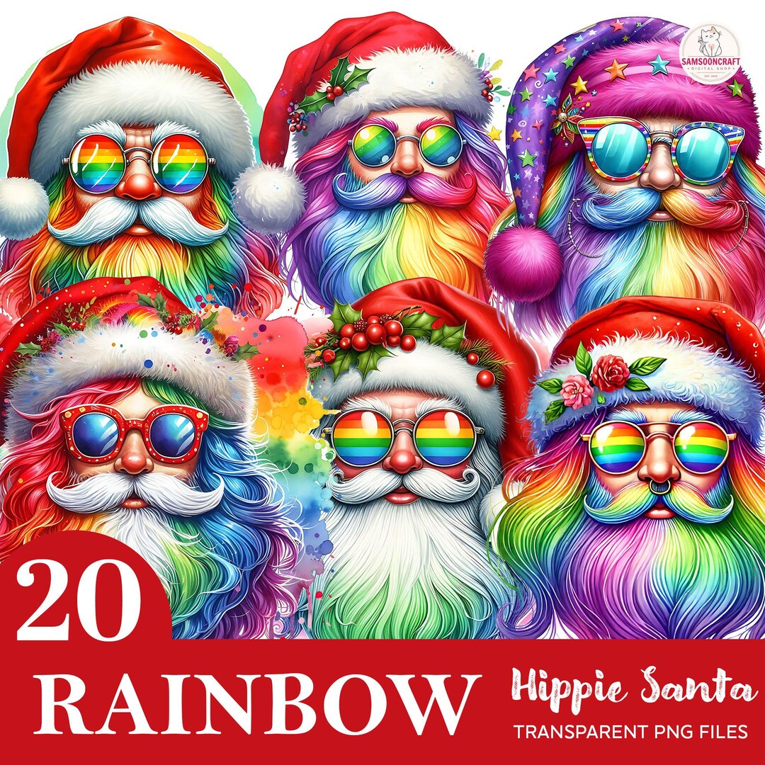 20+ Watercolor Rainbow Hippie Santa Clipart, Santa Colorful Png, Santa ...