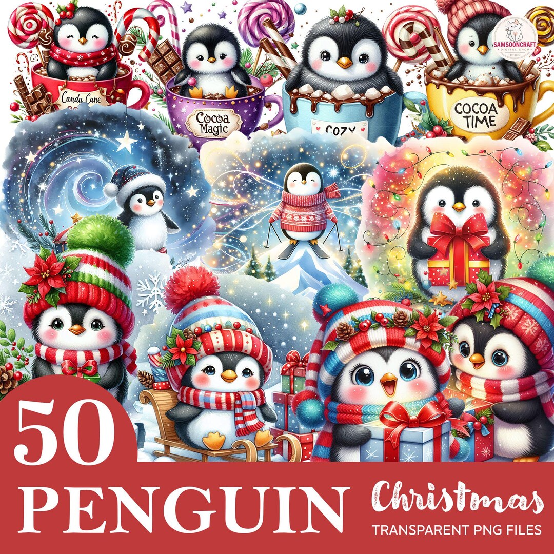50+ Watercolor Penguin Christmas Clipart, Xmas Cute Penguin Png, Winter ...
