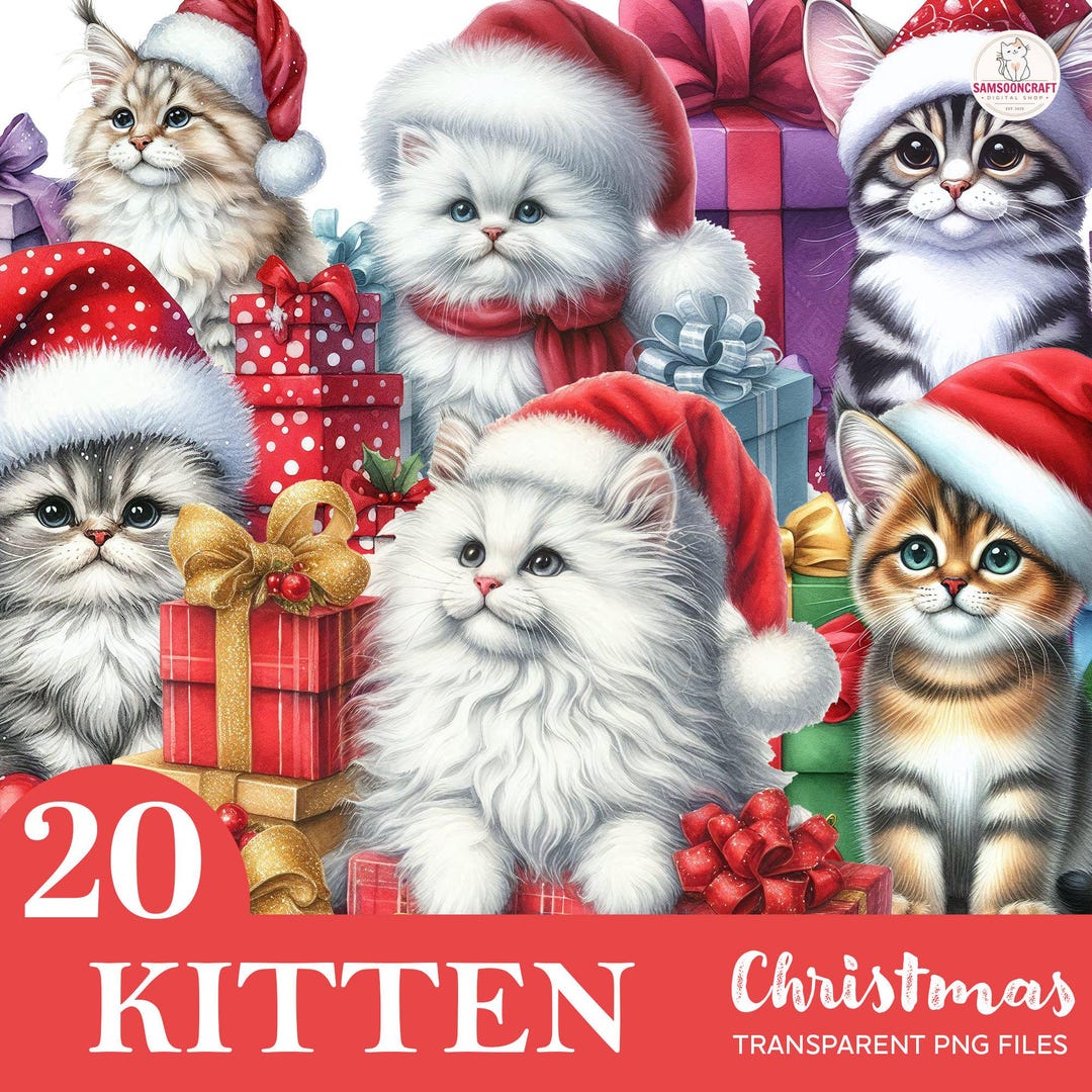 25+ Watercolor Christmas Kitten Clipart, Animal Christmas Png, Cute ...