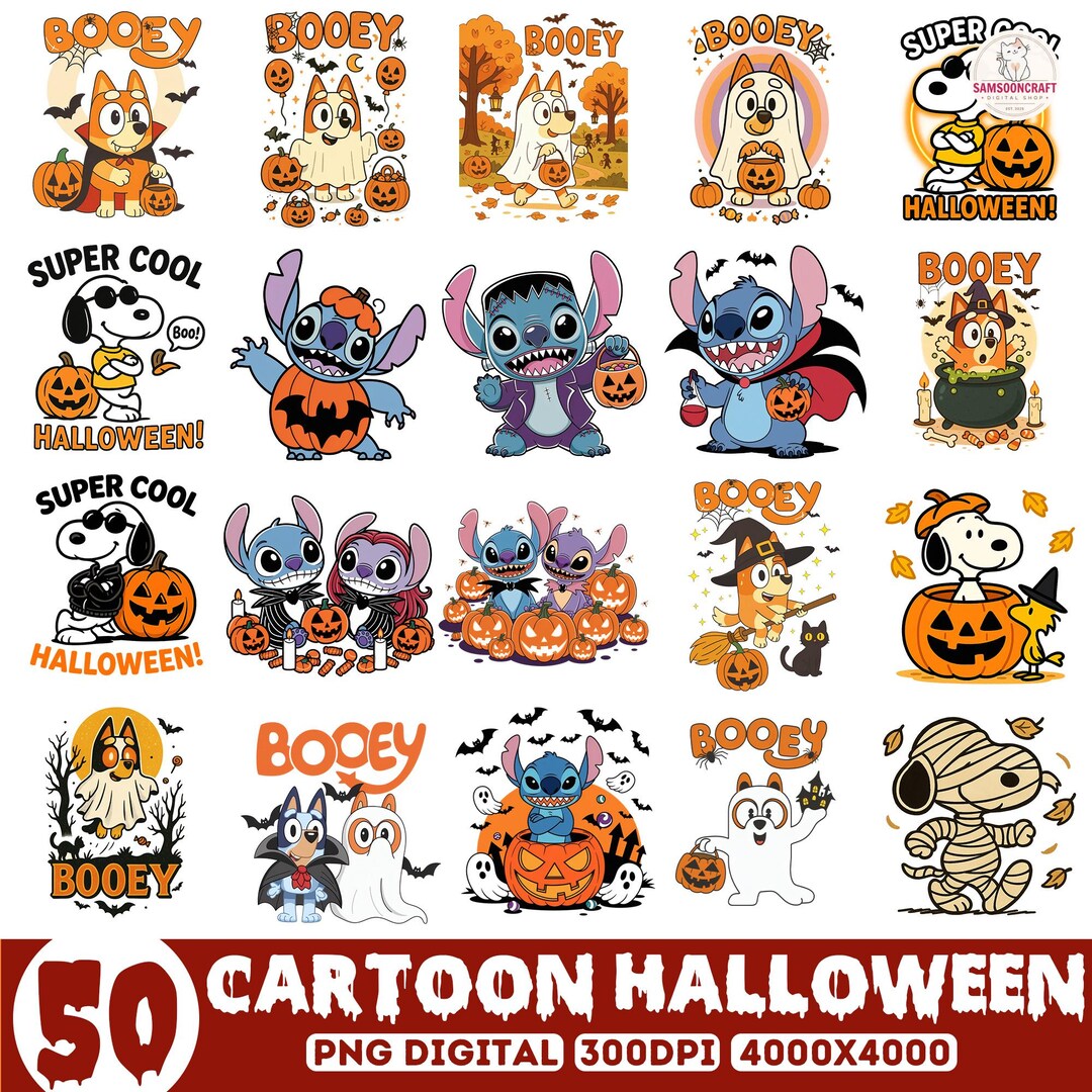 Snoopy Png Bundle, 50 PNG Bluey, Halloween Cartoon Charaters Png Bundle ...