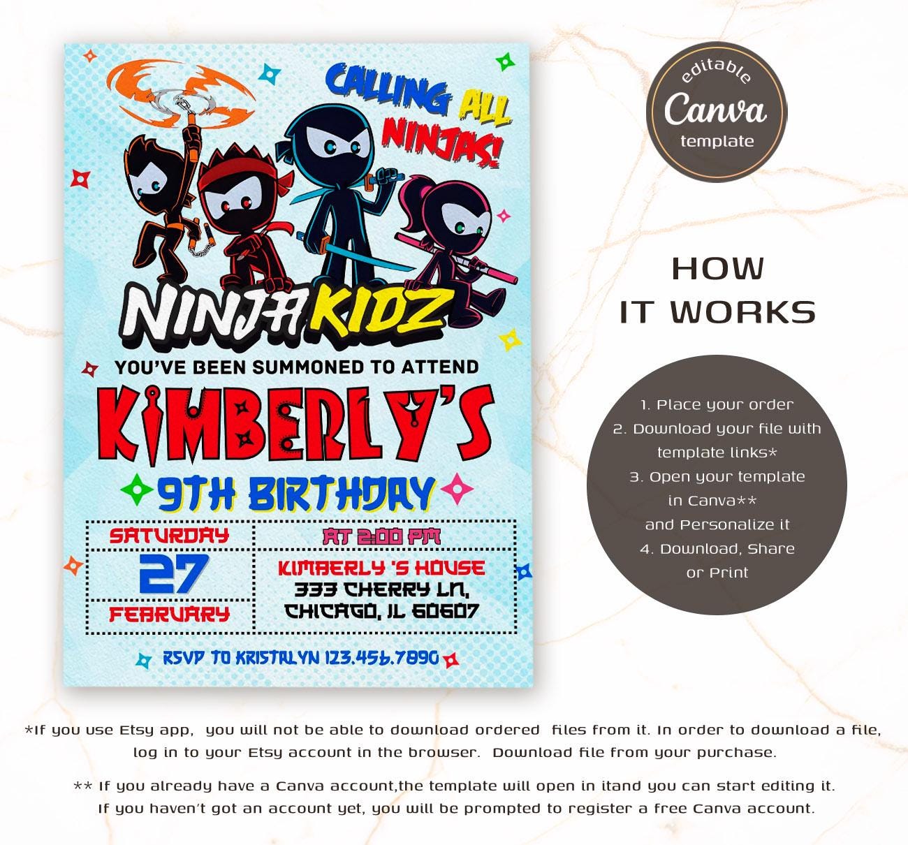 Ninja Kidz Editable Printable Invitation, Boy Girl Birthday Invitation ...