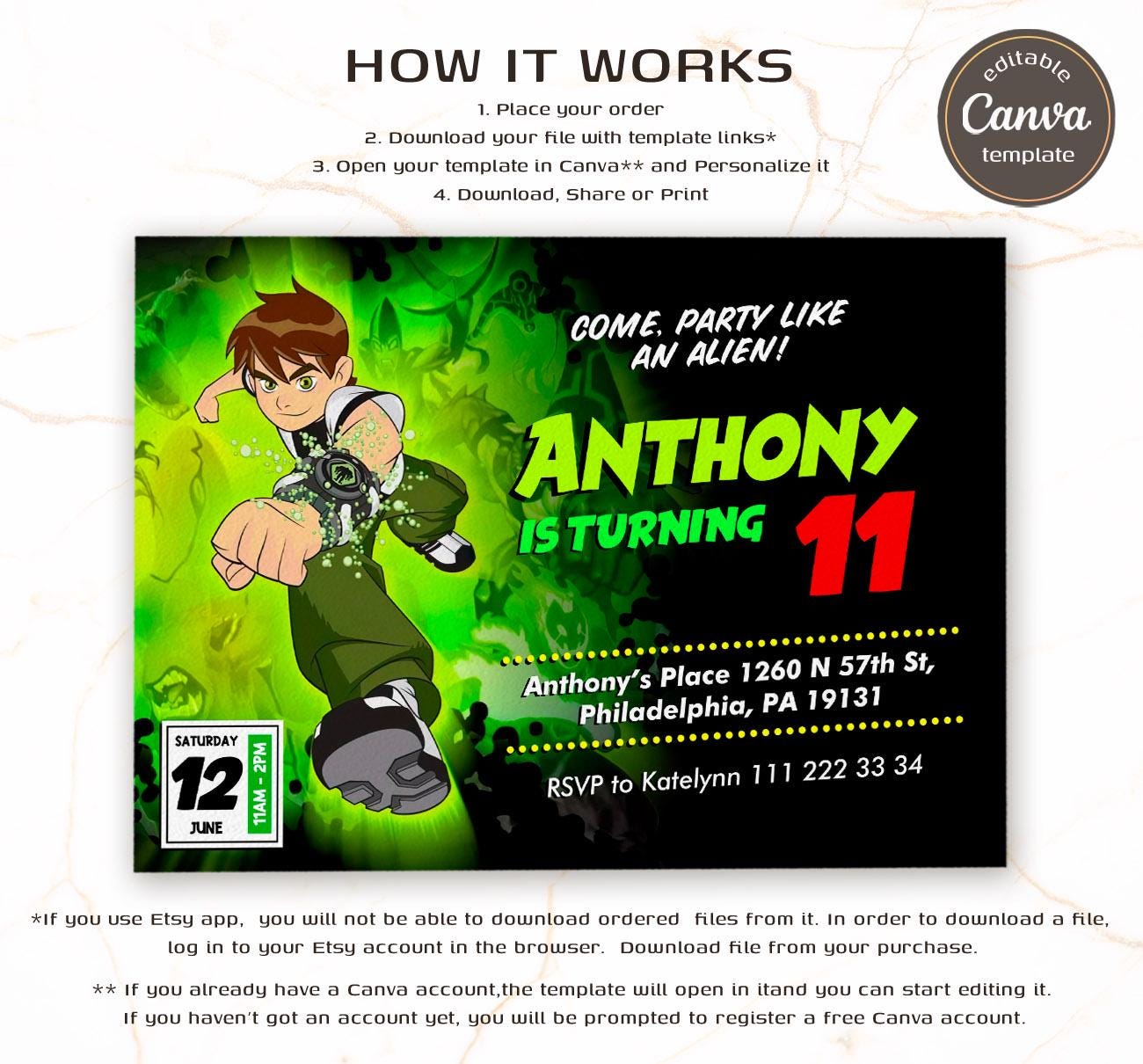 Ben 10 Birthday Invitation, Ben Ten Printable Invitation, Ben10 Party ...