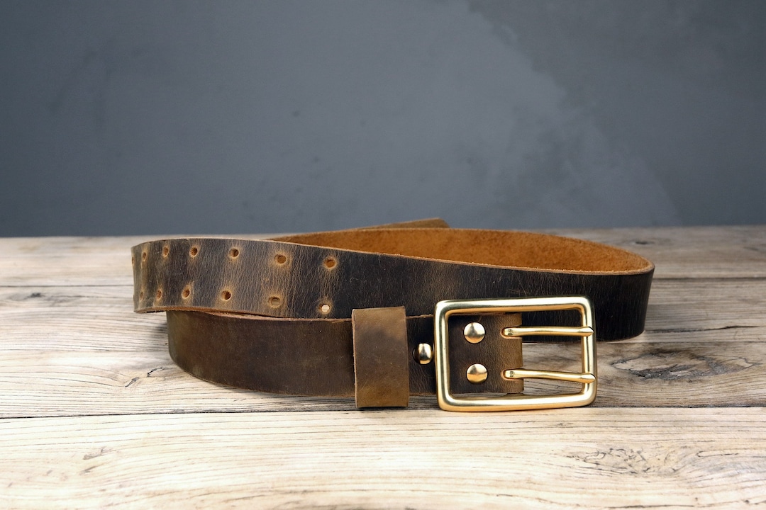 Heavy Duty Thick Double Prong Leather Belt , Rustic Double Hole Full ...
