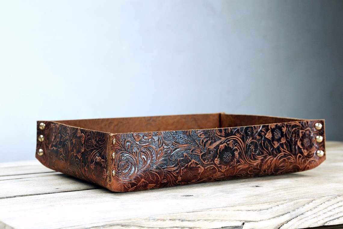 Personalized Large Black Gray Leather Tray , Blue Green Leather Desk ...