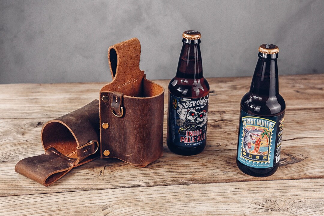 Personalized Thick Full Grain Leather Beer Holster , Distressed Leather ...