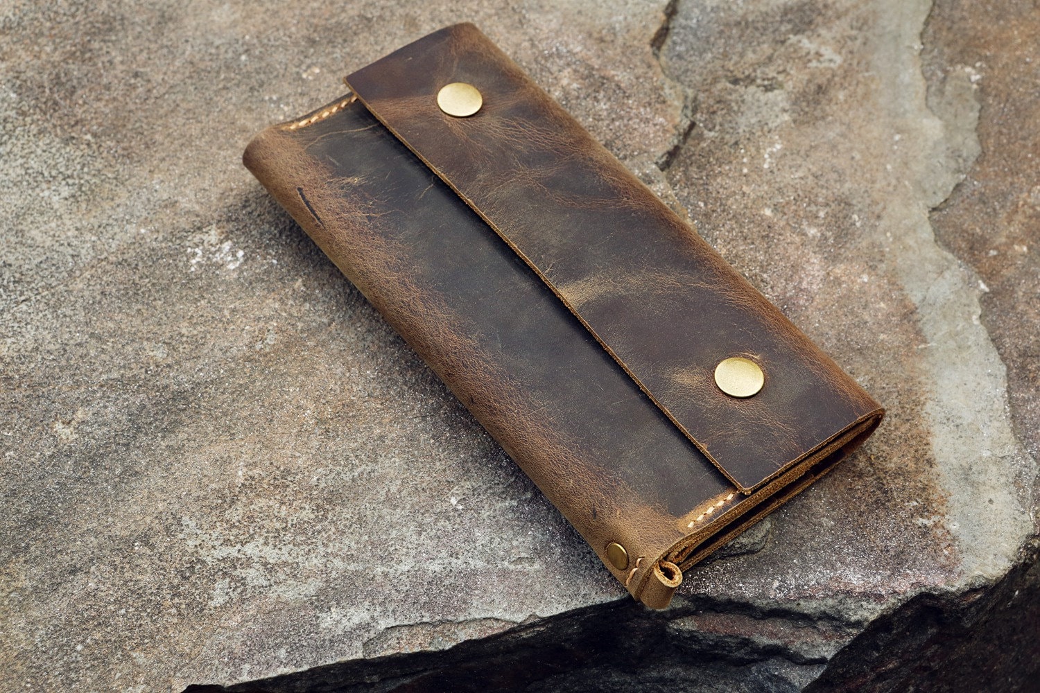 Hand Stitch Rustic Vintage Leather Mens Bifold Vertical Chain Wallet ...