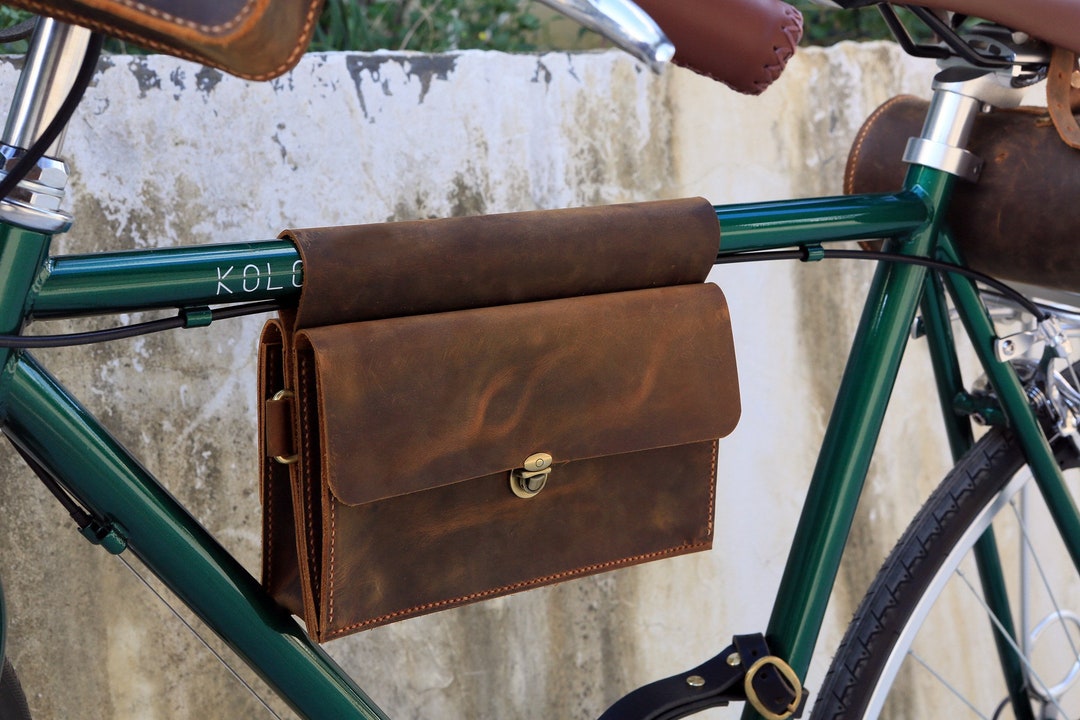 Personalized Brown Leather Bike Frame Bag , Rustic Leather Bicycle ...