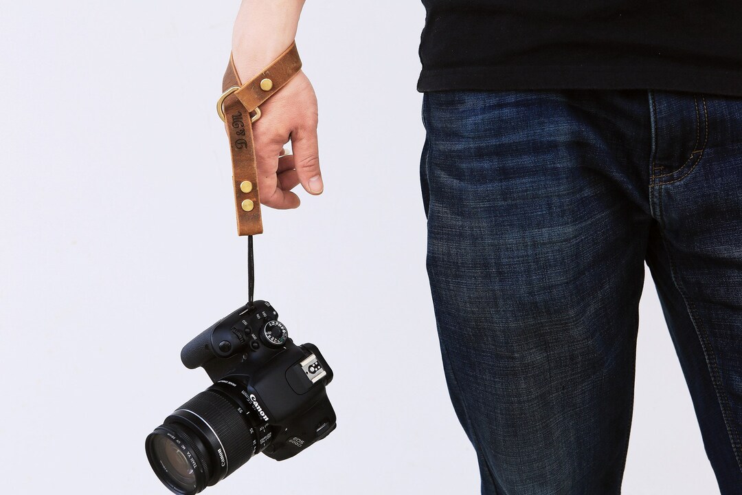 Personalized Black Brown Leather Camera Wrist Strap , Genuine Leather ...