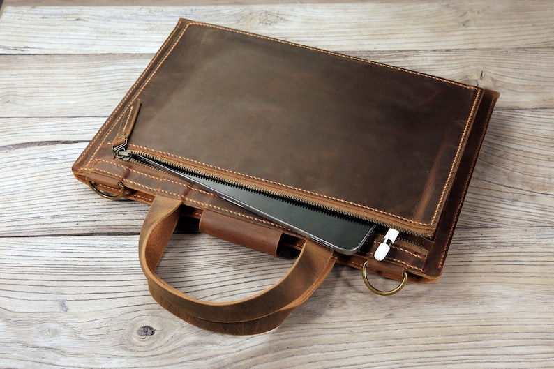 Personalized Hand Stitched Leather Slim Small Laptop Bag , Brown ...
