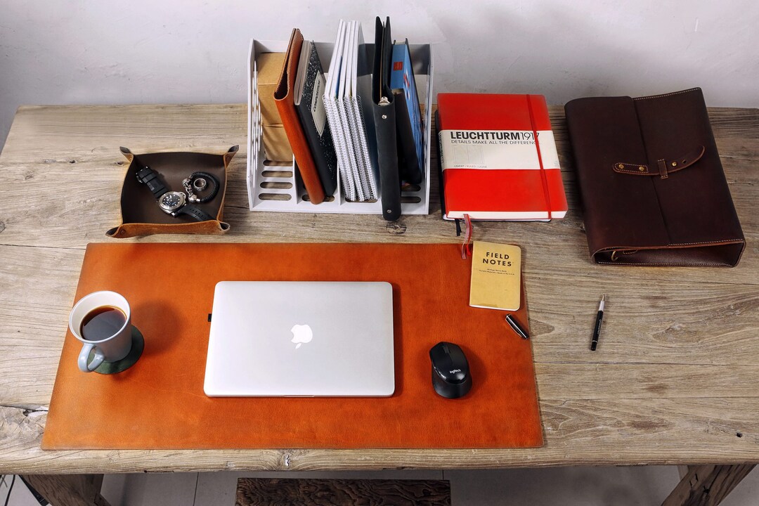 Personalized Full Grain Leather Desk Pad Blotter , Black Leather Table ...