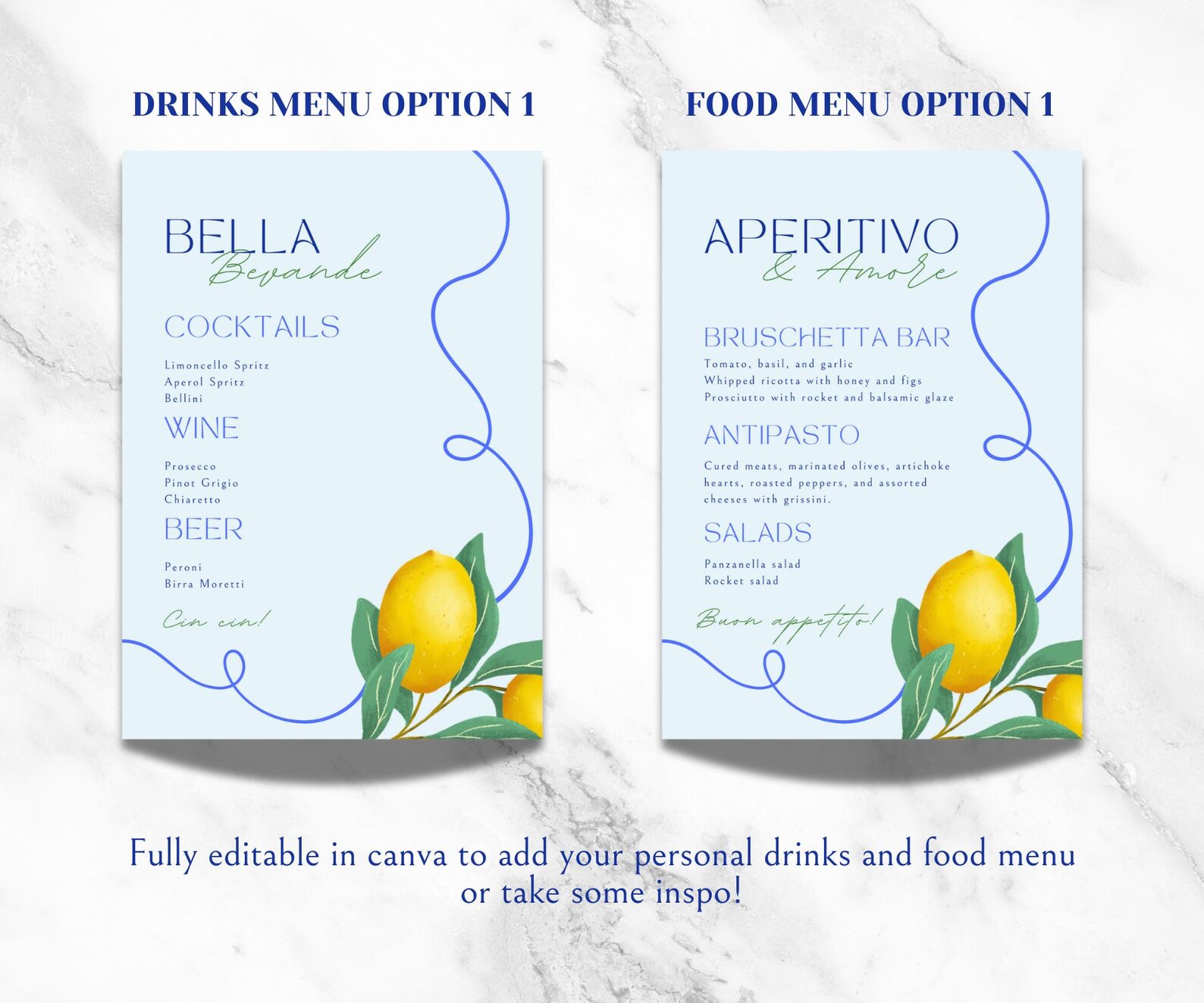 Italian Lemon-themed Bridal Shower Menus | Editable Canva Template ...