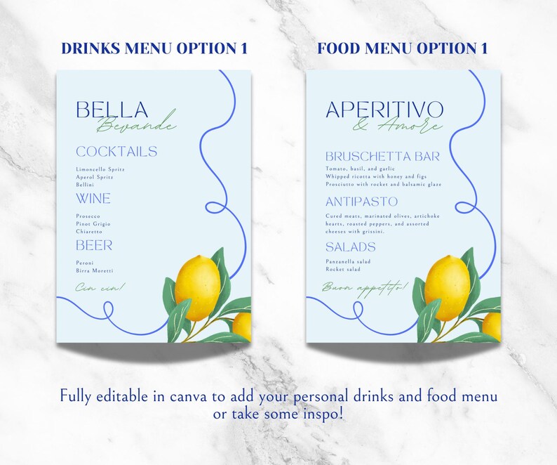Italian Lemon-themed Bridal Shower Menus | Editable Canva Template ...