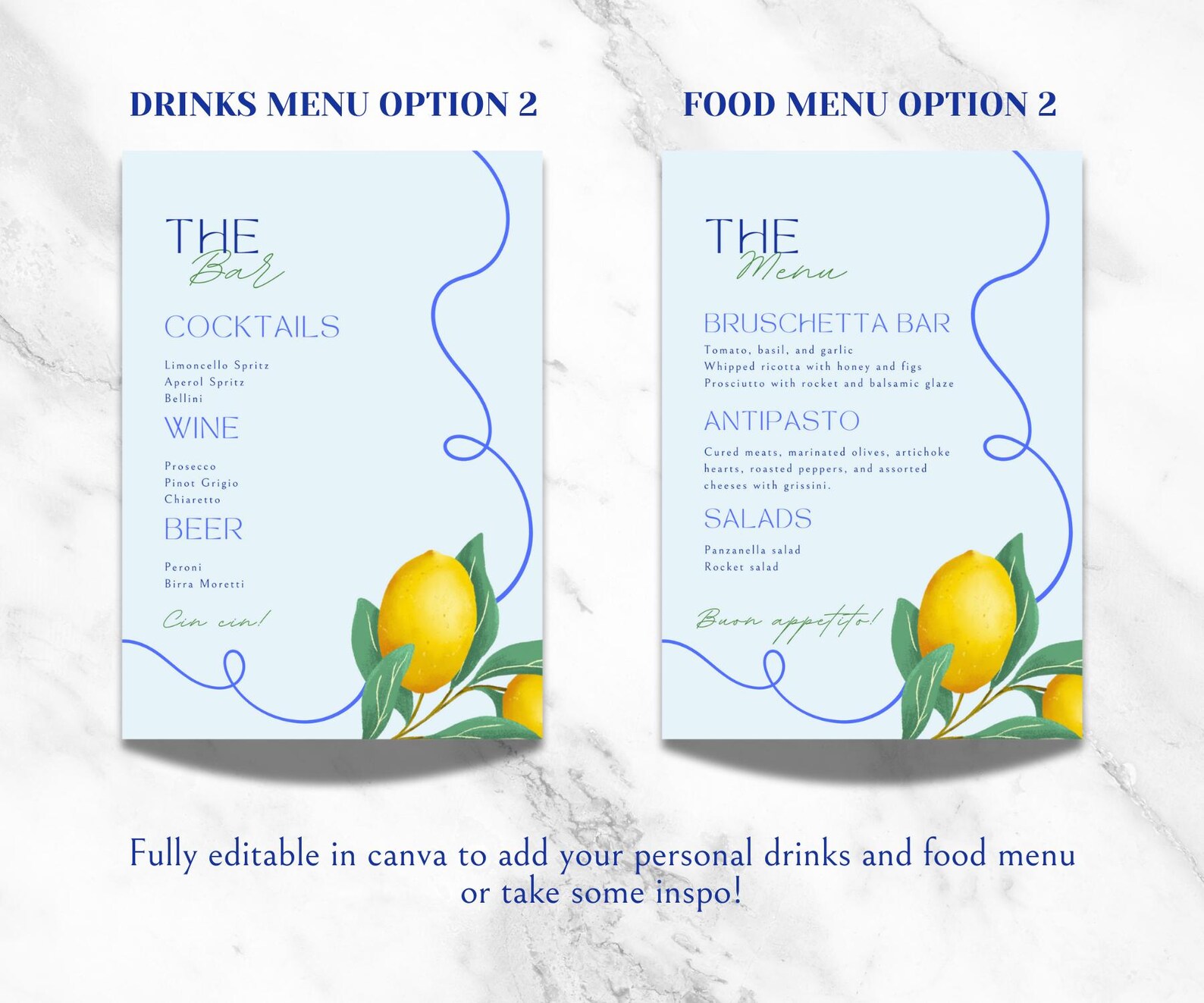 Italian Lemon-themed Bridal Shower Menus | Editable Canva Template ...