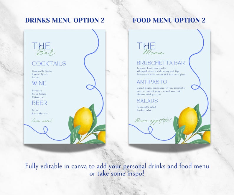 Italian Lemon-themed Bridal Shower Menus | Editable Canva Template ...