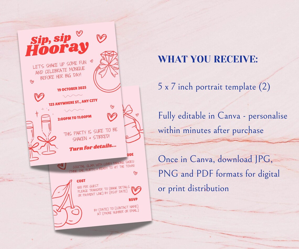 Sip Sip Hooray Hens Party Invite | Editable Canva Template | Cocktail ...