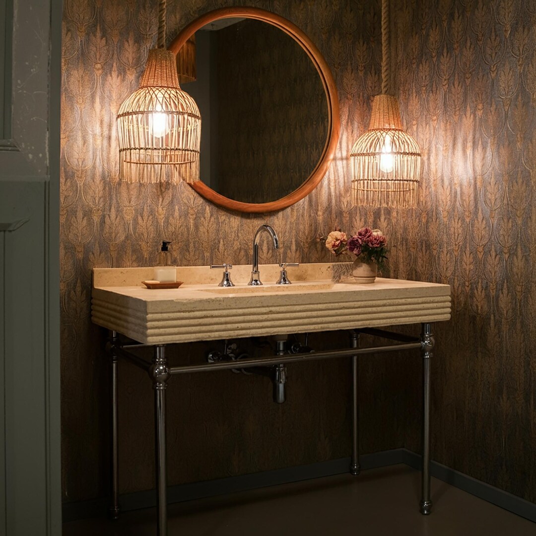 Rustic Travertine Vanity Sink – Fluted Beige Stone Bathroom Counter for Modern Farmhouse ...