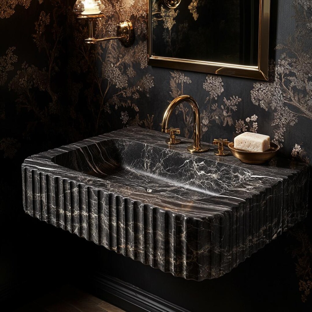 Fluted Black Marble Sink, Wall Mount Stone Basin, Statement Vanity for Luxury Bathroom, Hand ...