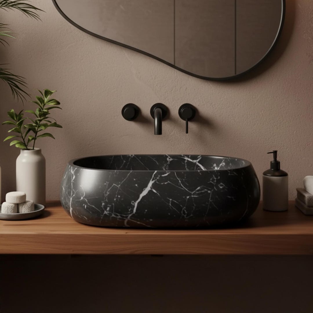 Black Marble Vessel Sink, Stone Bathroom Vanity, Modern Bathroom Decor ...