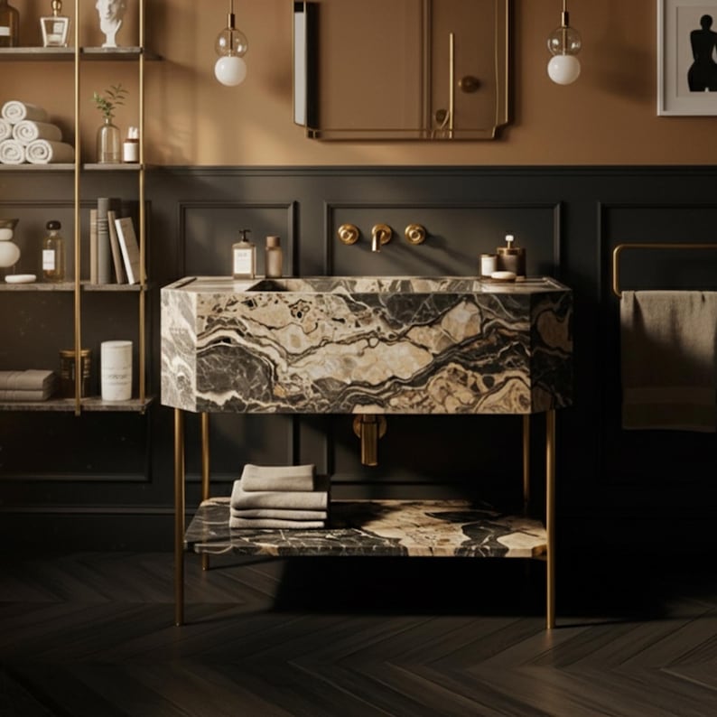 Freestanding Picasso Marble Vanity Sink – Natural Stone Console With ...
