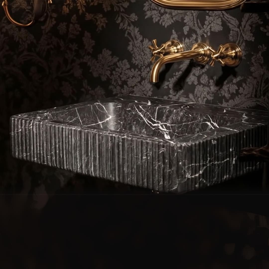 Majestic Black Marble Sink – Fluted Marble Basin With Gold Trim for ...