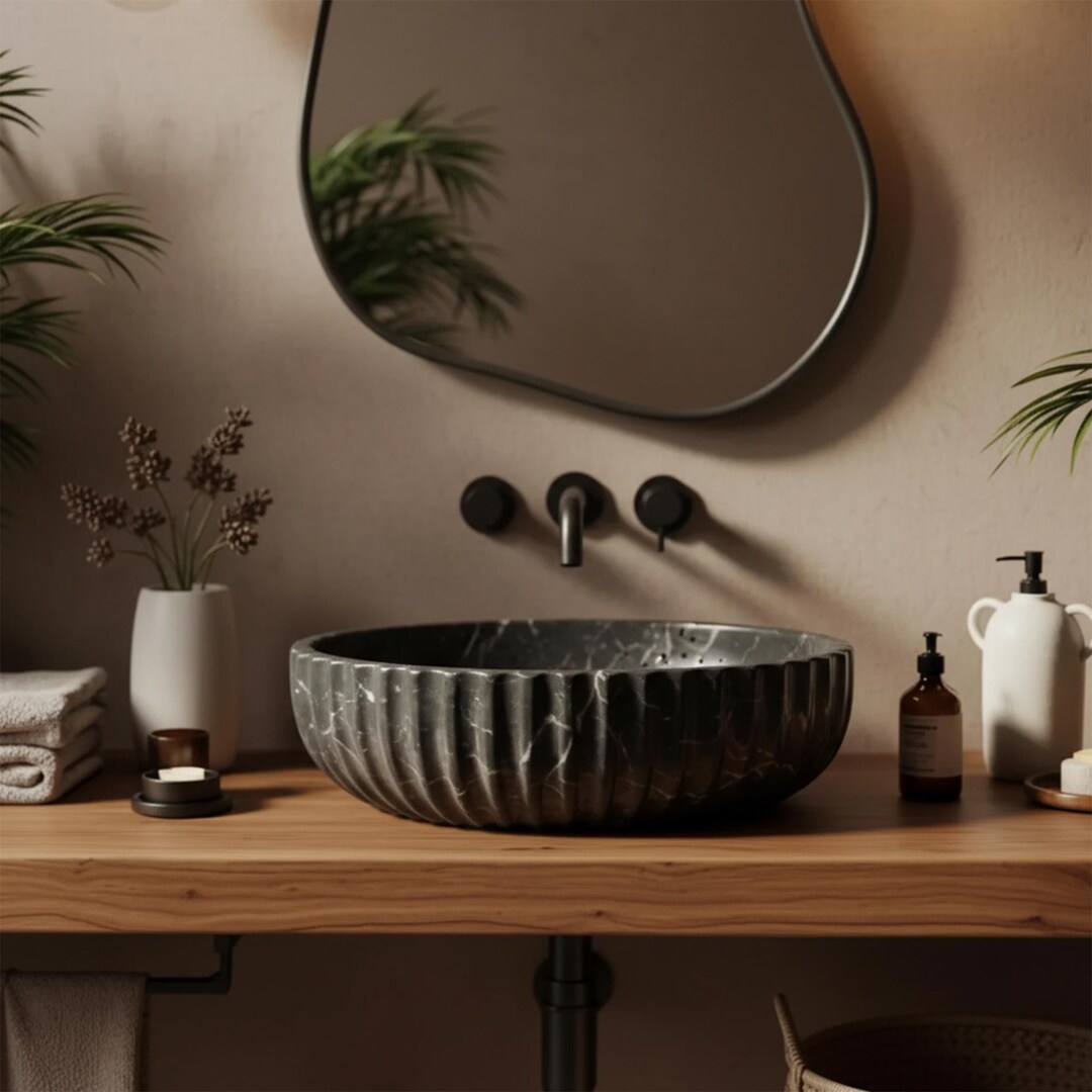 Black Marble Fluted Vessel Sink, Stone Bathroom Vanity, Luxury Marble ...