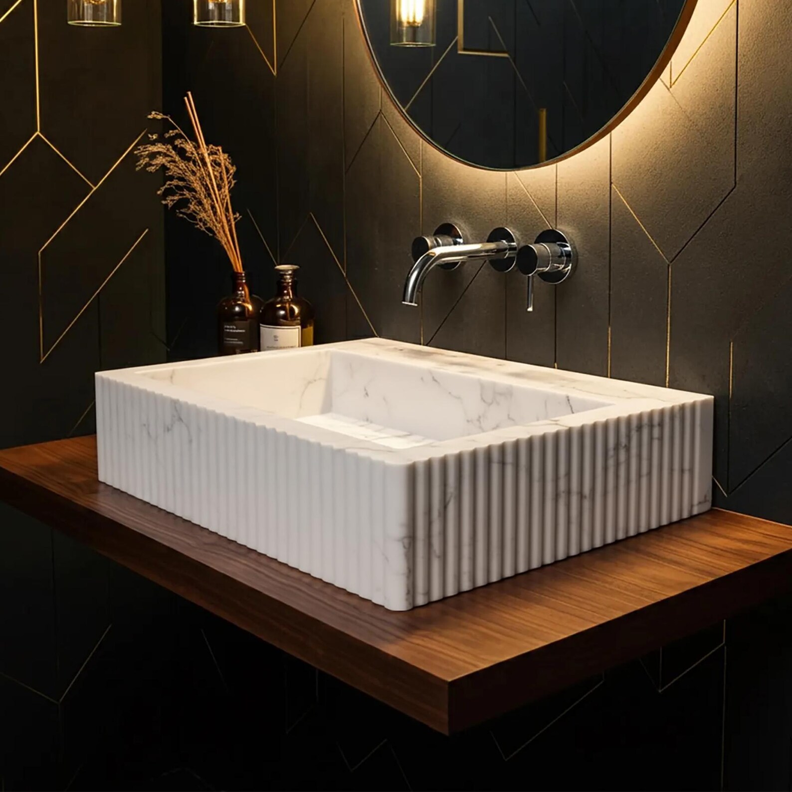 Carrara Marble Sink – Fluted Rectangular Vessel for Modern Bathroom ...