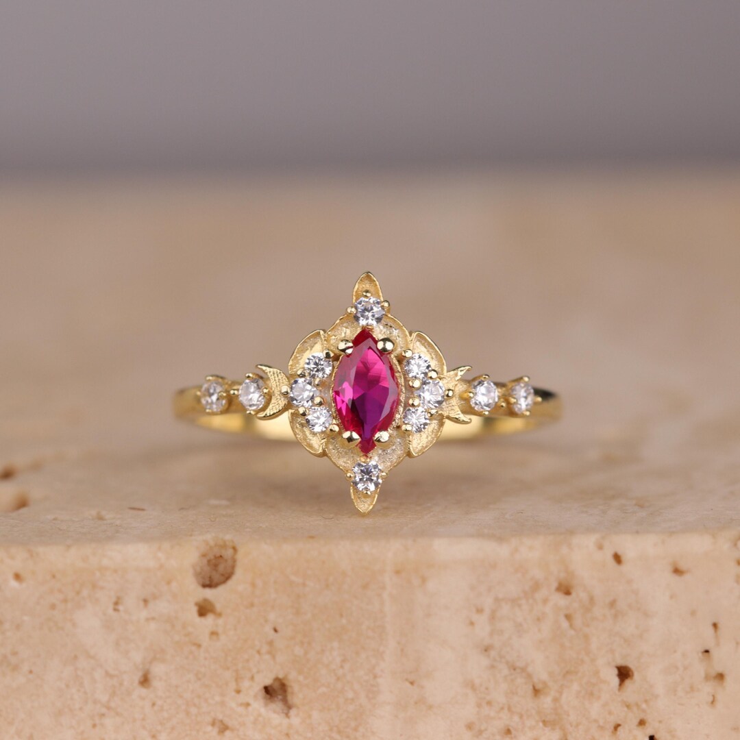Ruby Marquise Ring, Moissanite, Gold Plated Sterling Silver, Vintage ...