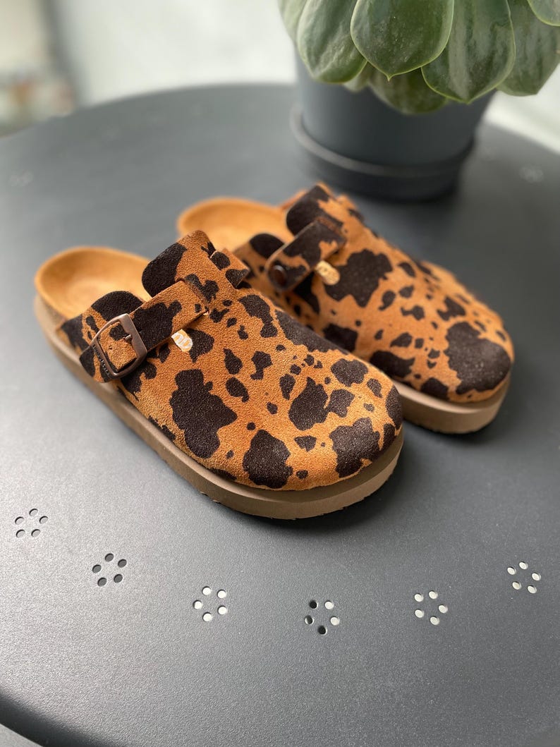 Cow Print Cork Clogs – Handmade Platform Slip-on Mules With Orthopedic ...