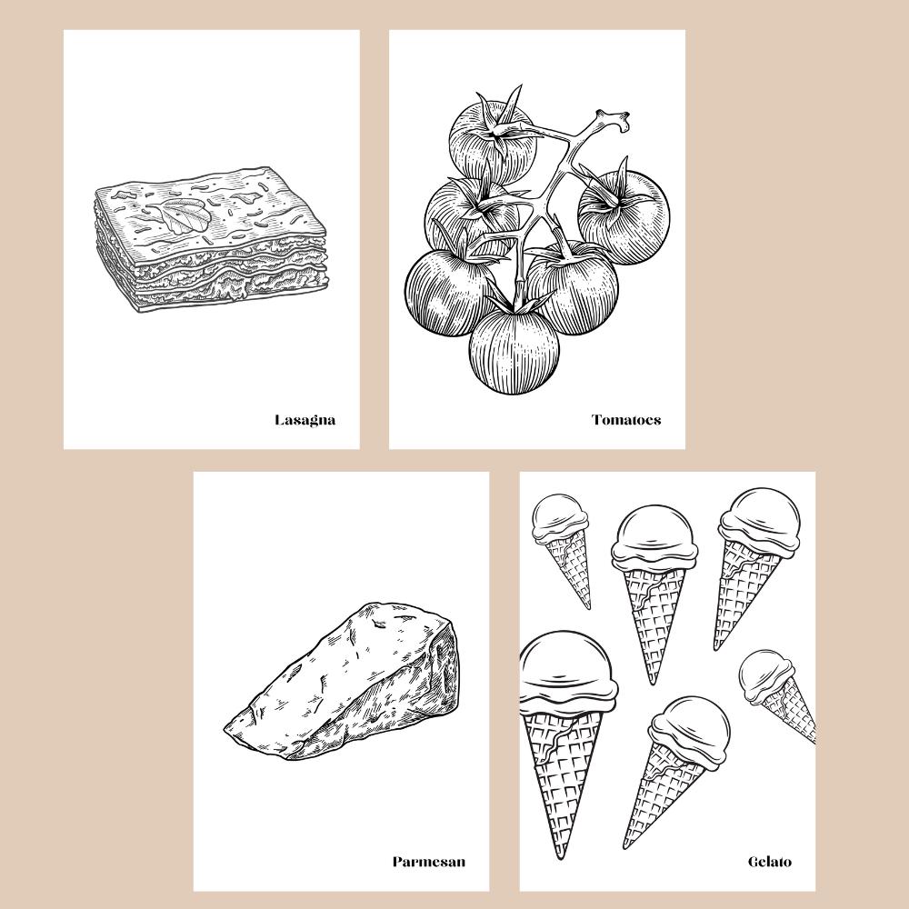 25 Italian Food Coloring Pages Printable PDF Pizza Pasta Dessert Gelato ...