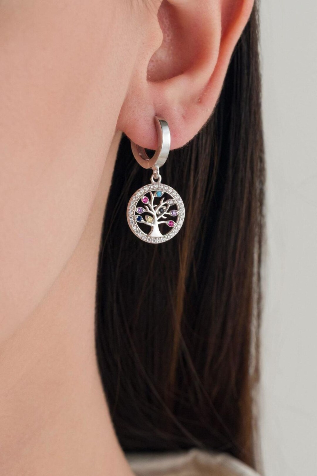 SILVER Color Zircon Stone Family Tree Tree of Life EARRING Silver ...