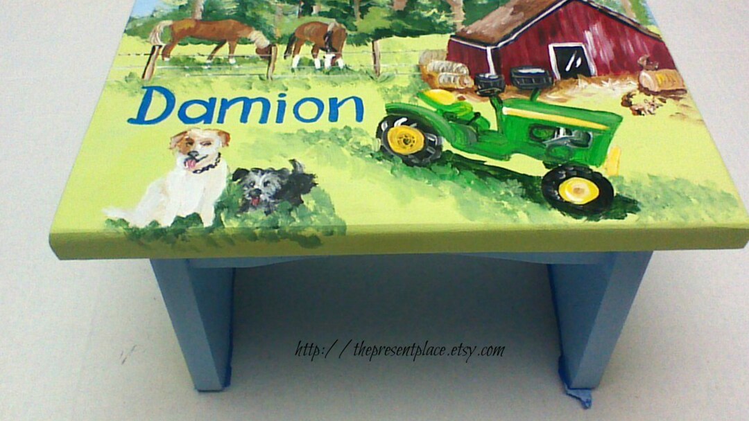 Personalized Farm Step Stool: Hand-painted Tractor, Horses & Dogs - Etsy