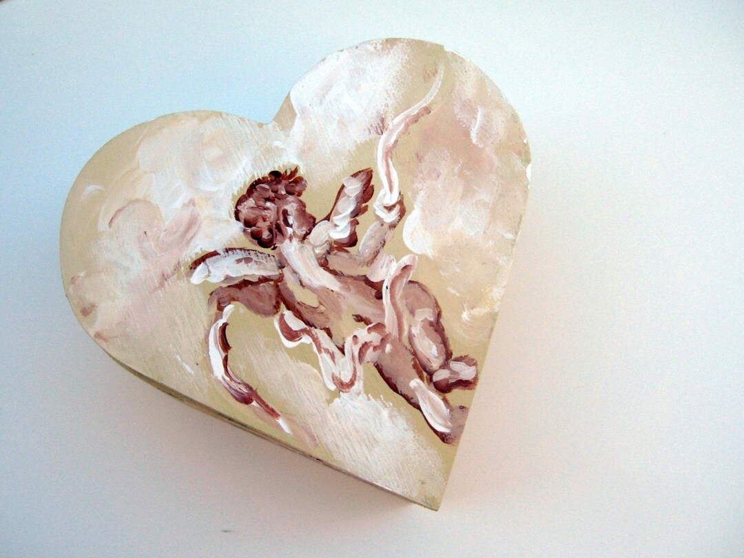 Heart Shaped Hand Painted Angel Box in Cream and Brown - Etsy