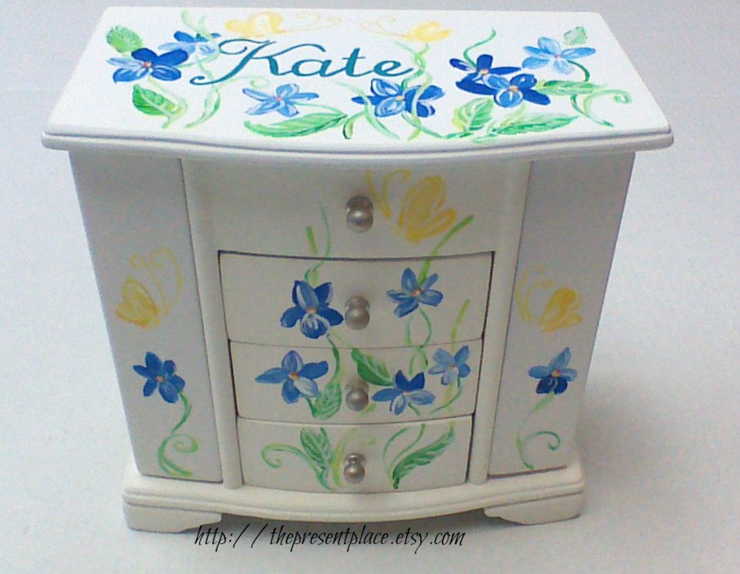 Personalized Large Musical Box With Blue Flowers and Yellow Butterflies ...