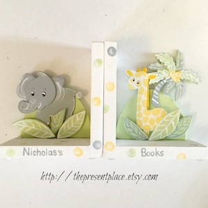 Personalized,customized,bookends,jungle, Giraffe, Elephant,grey,gray ...
