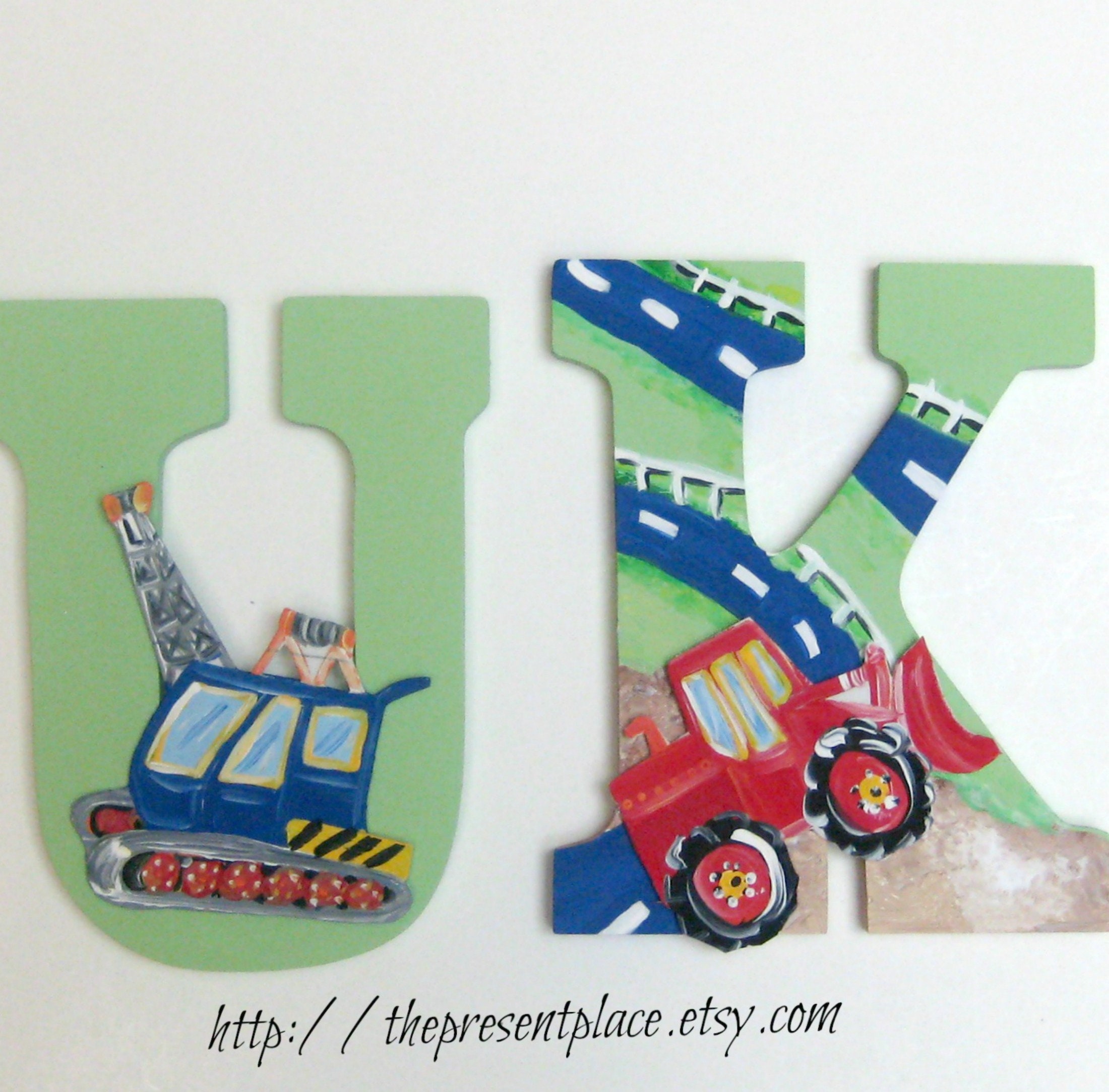 Boys Wooden Letters With a Digger, a Cement Mixer, a Crane, Tractor and ...