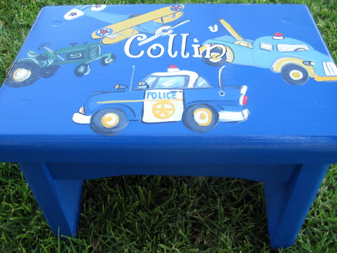 Hand Painted Blue Planes,trains,automobiles,stepstool,personalized ...