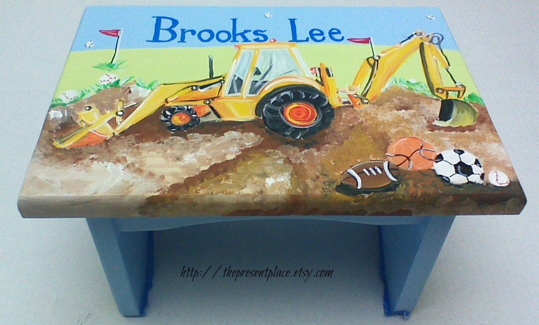 Personalized Construction Step Stool: Hand-painted Earth Mover, Boy's ...