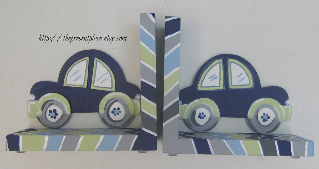 Hand Painted Car Bookends,zigzag Bookends,boys Bookends,baby,kids Book ...