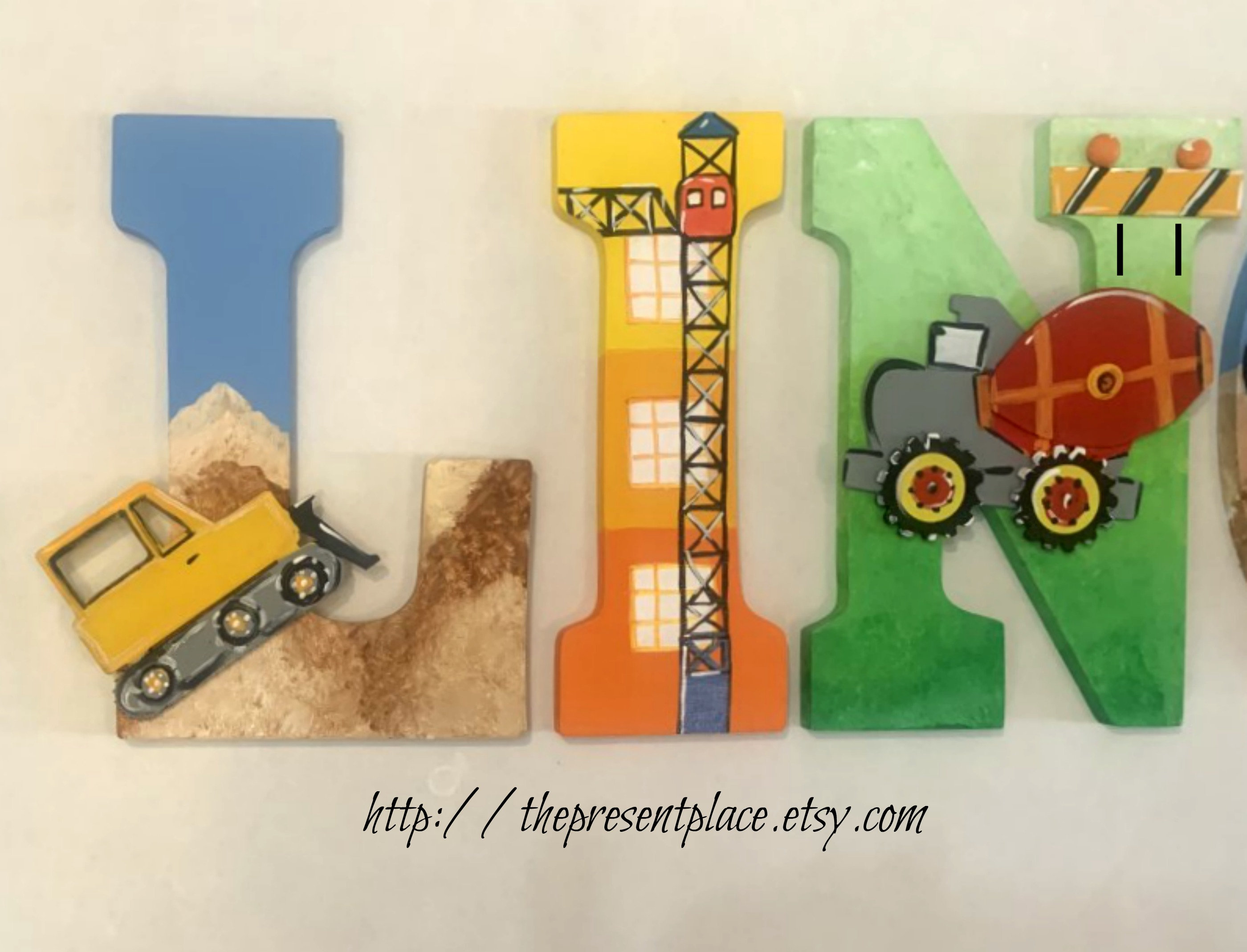 Boys Wooden Letters With a Digger, a Cement Mixer, a Crane, Tractor and ...