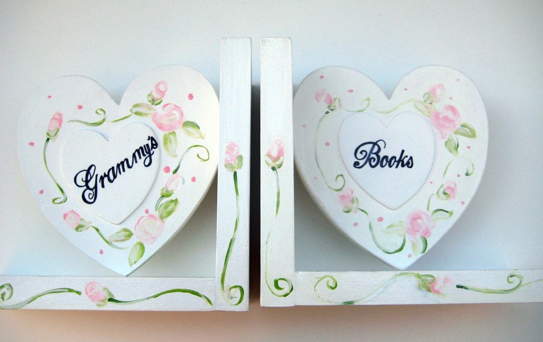 White Heart Bookends With Pink Roses for Grammy - Etsy