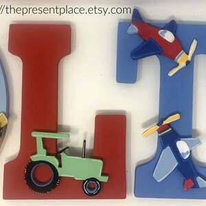 Boys Wooden Letters With a Firetruck, Airplanes, a Train, Tractor, Dump ...