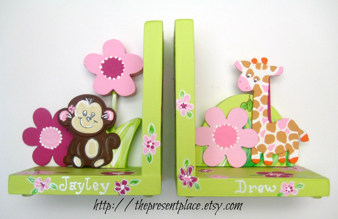 Girly Monkey and Giraffe Bookends With Pink Flowers - Etsy