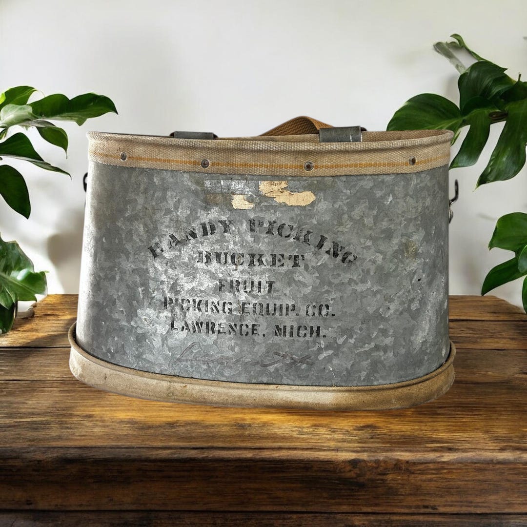 Antique Galvanized Apple Picking Bucket Farmhouse Vase Vintage ...