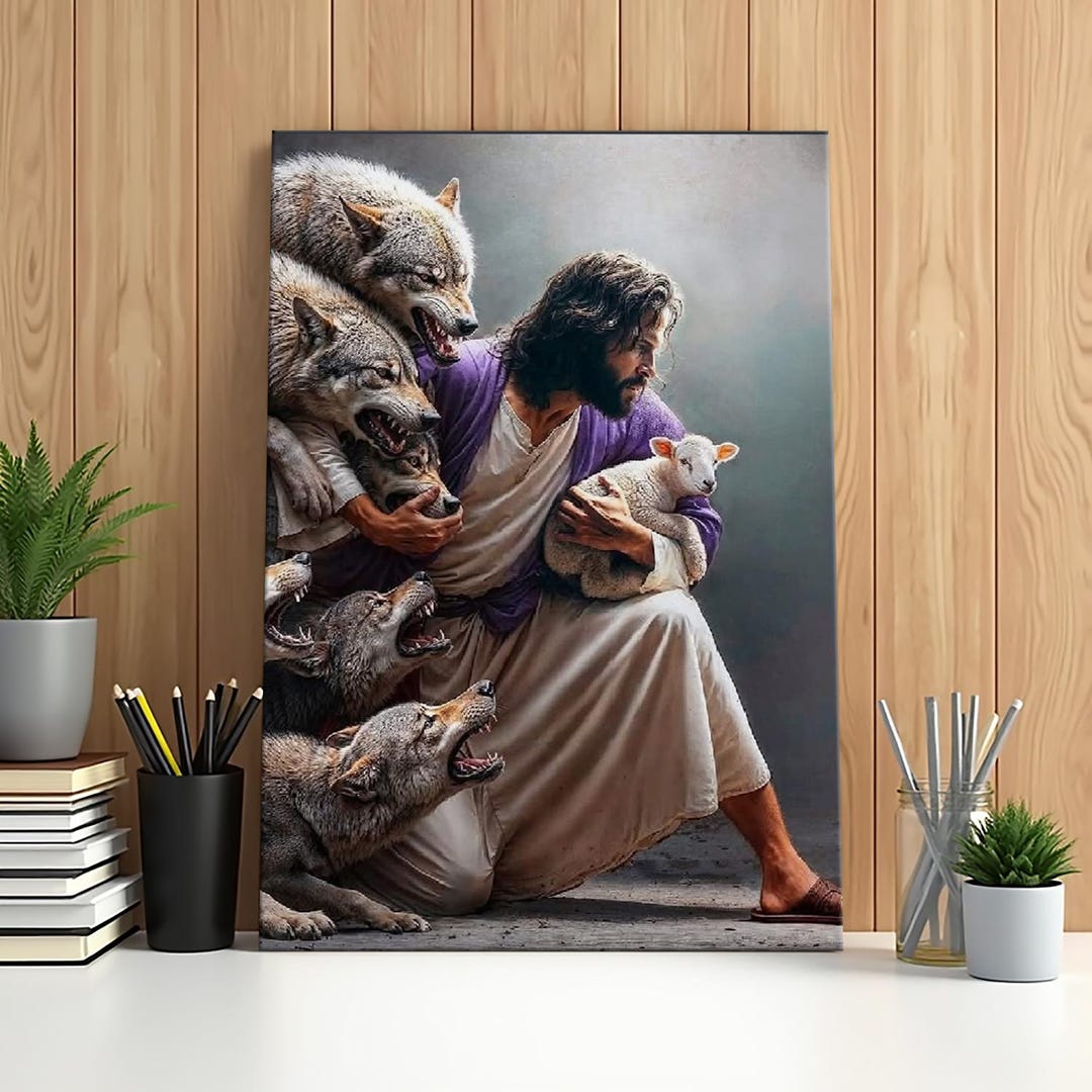 Jesus Protecting Lamb From Wolves Canvas Wall Art – Christian Decor for ...