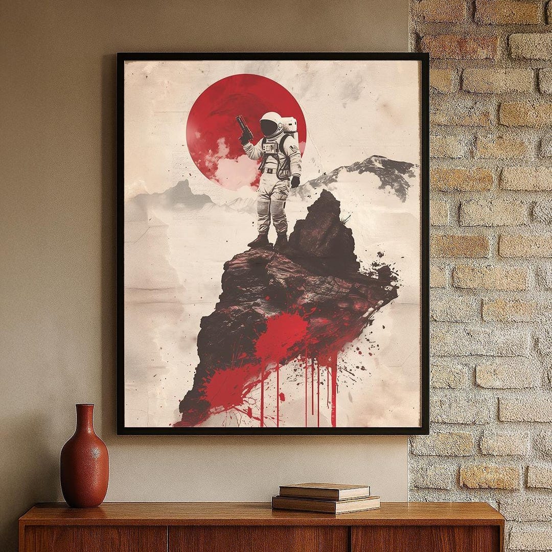 Crimson Orbit Poster - Vintage Sci-fi Art With Astronaut & Ufos - Edgy ...