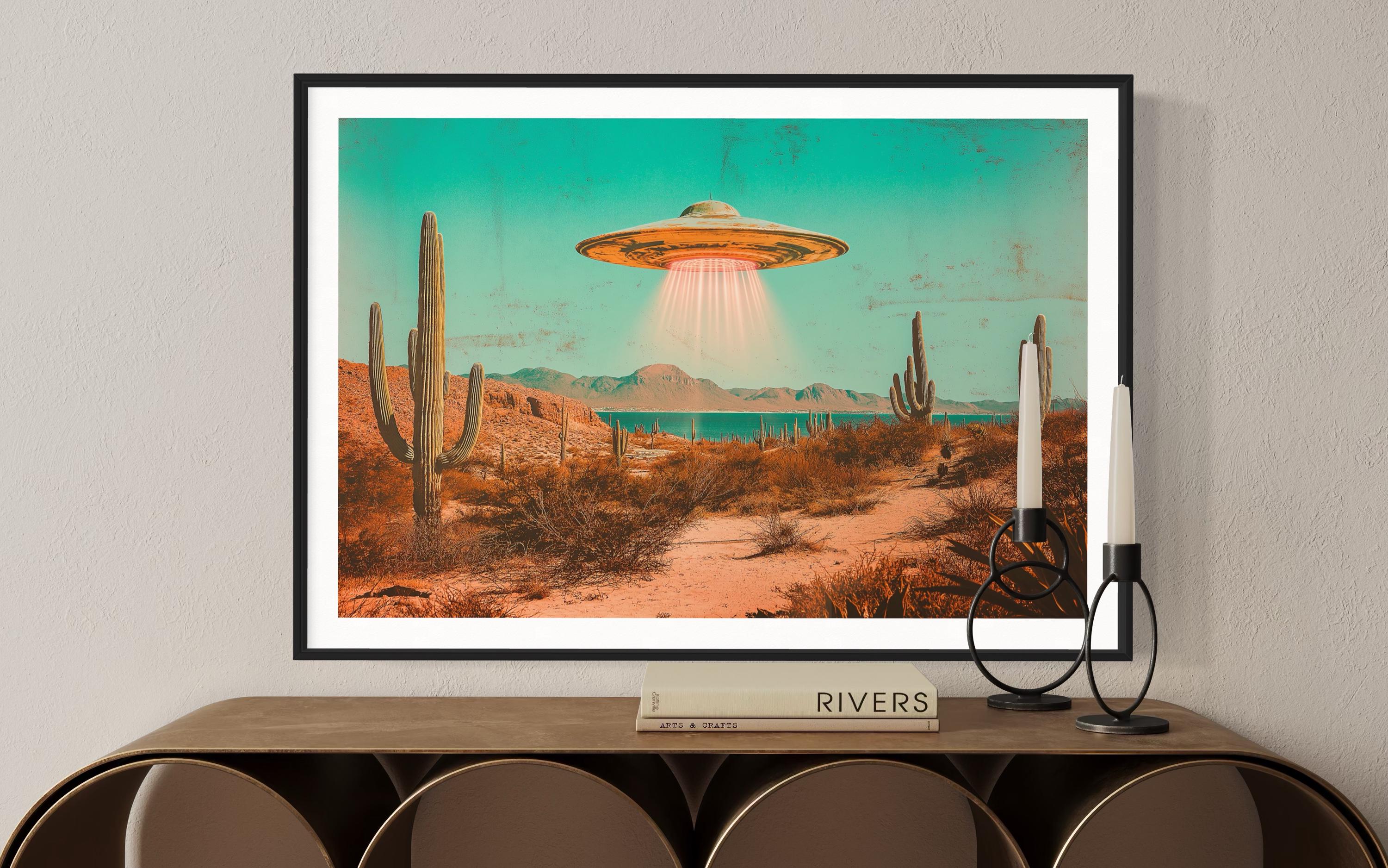 Retro Flying Saucer Art Print: Desert Beach Sci-fi Poster - Etsy