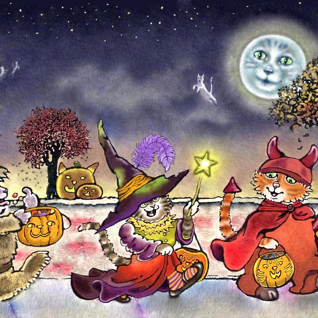 Funny Cat Halloween Card: Trick or Treat Cats Watercolor Art Print - Etsy