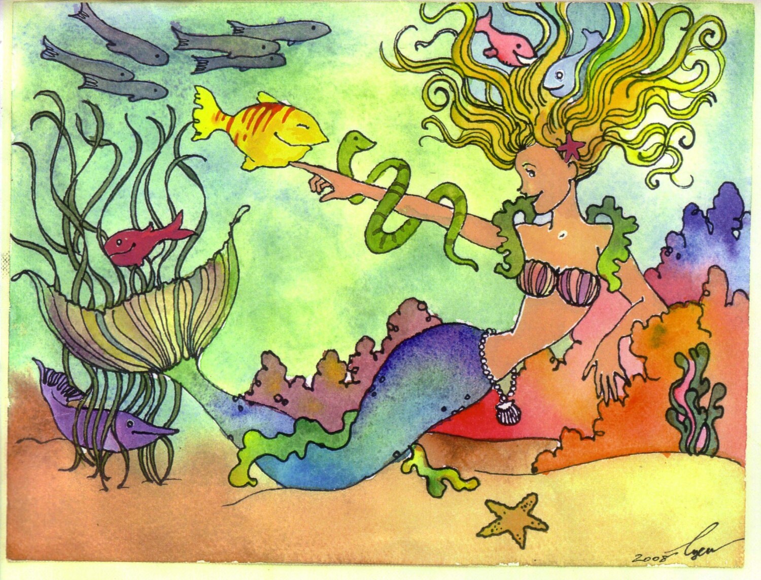 Mermaid Greeting Card Tropical Fish & Mermaid Watercolor | Etsy