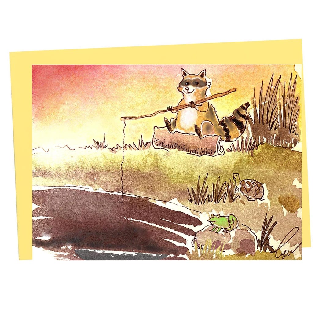 Funny Raccoon Card - Raccoon Greeting Card - Raccoon Art - Fishing Card ...